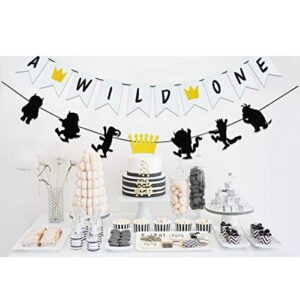 MOAXMOA Wild One Banner and Wild Things Banner Birthday Theme Party Supplies Baby Shower Photo Prop Decorations 17PCS Glitter Gold Silver and Black