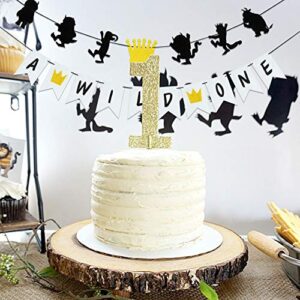 MOAXMOA Wild One Banner and Wild Things Banner Birthday Theme Party Supplies Baby Shower Photo Prop Decorations 17PCS Glitter Gold Silver and Black