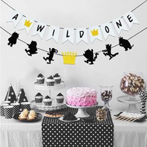 MOAXMOA Wild One Banner and Wild Things Banner Birthday Theme Party Supplies Baby Shower Photo Prop Decorations 17PCS Glitter Gold Silver and Black