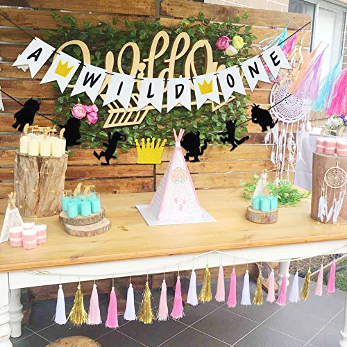 MOAXMOA Wild One Banner and Wild Things Banner Birthday Theme Party Supplies Baby Shower Photo Prop Decorations 17PCS Glitter Gold Silver and Black