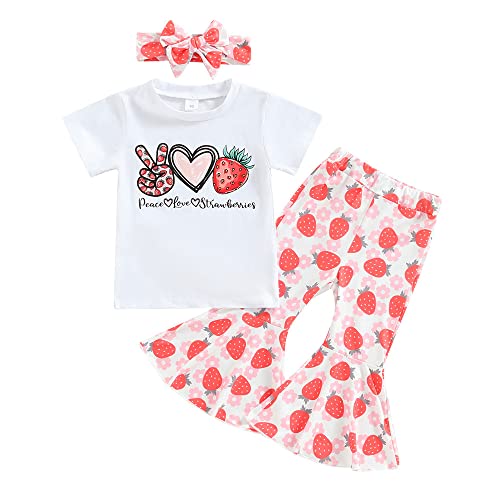 Toddler Kids Baby Girl Summer Outfit Strawberry Print Short Sleeve T-Shirt Tops Flare Pants Headband 3pcs Clothes (White Strawberry,12-18M)