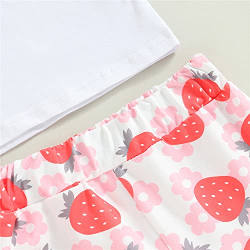 Toddler Kids Baby Girl Summer Outfit Strawberry Print Short Sleeve T-Shirt Tops Flare Pants Headband 3pcs Clothes (White Strawberry,12-18M)