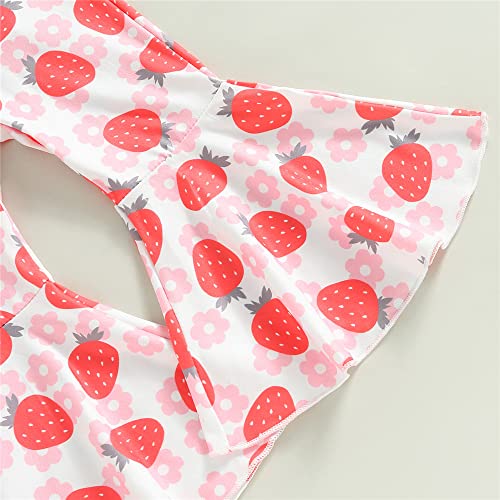 Toddler Kids Baby Girl Summer Outfit Strawberry Print Short Sleeve T-Shirt Tops Flare Pants Headband 3pcs Clothes (White Strawberry,12-18M)