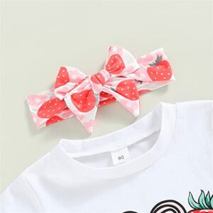 Toddler Kids Baby Girl Summer Outfit Strawberry Print Short Sleeve T-Shirt Tops Flare Pants Headband 3pcs Clothes (White Strawberry,12-18M)