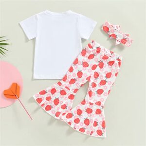 Toddler Kids Baby Girl Summer Outfit Strawberry Print Short Sleeve T-Shirt Tops Flare Pants Headband 3pcs Clothes (White Strawberry,12-18M)