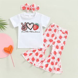 Toddler Kids Baby Girl Summer Outfit Strawberry Print Short Sleeve T-Shirt Tops Flare Pants Headband 3pcs Clothes (White Strawberry,12-18M)