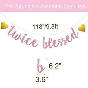 Twice Blessed Banner, Pre-Strung, No Assembly Required, Rose Gold Glitter Paper Party Decorations for Pregnancy Announcement/Gender Reveal/Twins Baby Shower Party Supplies, Letters Rose Gold,ABCpartyland