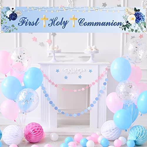 Labakita Large First Holy Communion Banner, Baptism Decorations for Boys or Girls, Baptism / Christening / Baby Shower Party Decorations, Blue