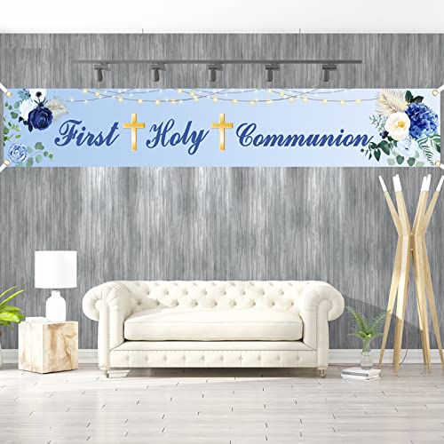 Labakita Large First Holy Communion Banner, Baptism Decorations for Boys or Girls, Baptism / Christening / Baby Shower Party Decorations, Blue