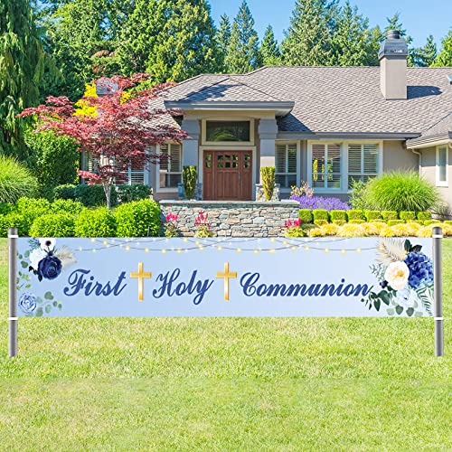 Labakita Large First Holy Communion Banner, Baptism Decorations for Boys or Girls, Baptism / Christening / Baby Shower Party Decorations, Blue