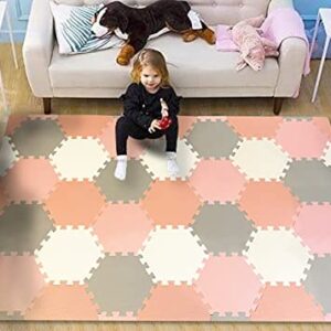 Hexagon Floor Mat Activity Mat Floor Foam Tile for Crawling, Tummy Time, and Playing 4x6 Feet Ultra Thickness Playmat for Infants and Toddlers for Nursery Room 2 Patterns in 1 (Pink White Gray)