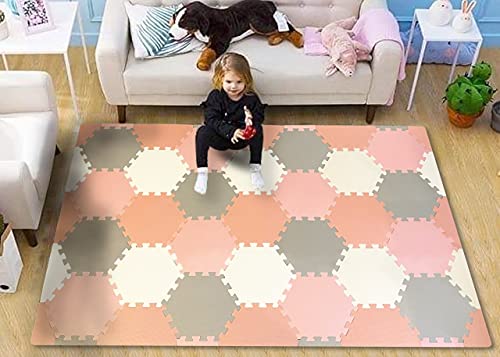 Hexagon Floor Mat Activity Mat Floor Foam Tile for Crawling, Tummy Time, and Playing 4x6 Feet Ultra Thickness Playmat for Infants and Toddlers for Nursery Room 2 Patterns in 1 (Pink White Gray)