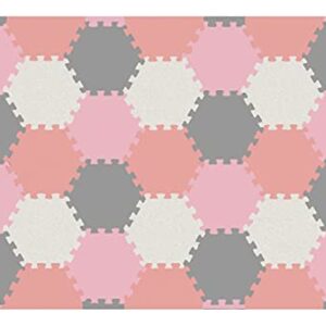 Hexagon Floor Mat Activity Mat Floor Foam Tile for Crawling, Tummy Time, and Playing 4x6 Feet Ultra Thickness Playmat for Infants and Toddlers for Nursery Room 2 Patterns in 1 (Pink White Gray)