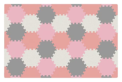 Hexagon Floor Mat Activity Mat Floor Foam Tile for Crawling, Tummy Time, and Playing 4x6 Feet Ultra Thickness Playmat for Infants and Toddlers for Nursery Room 2 Patterns in 1 (Pink White Gray)