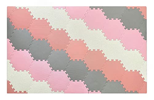 Hexagon Floor Mat Activity Mat Floor Foam Tile for Crawling, Tummy Time, and Playing 4x6 Feet Ultra Thickness Playmat for Infants and Toddlers for Nursery Room 2 Patterns in 1 (Pink White Gray)