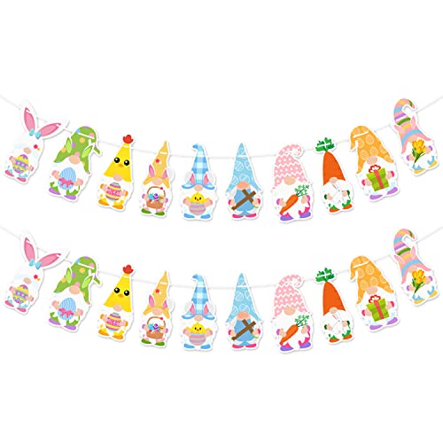 WATINC 2Pcs Gnome Banner Garlands Decoration Egg Bunny Carrot Chick Flower Daisy Gift Box Bowknot Pendant Hanging Bunting Gnomes Garland Decor Holiday Party Favors Supplies for Mantle Fireplace