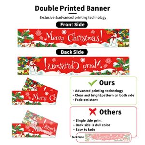 Large Merry Christmas Banner Xmas Outdoor Decorations Double Printed Snowman Santa Claus Tree Presents Winter 120" x 20" Huge Yard Sign Holiday Party Supplies Backdrop Home Decor Ornaments for Garden House Fence Garage Indoor Gifts