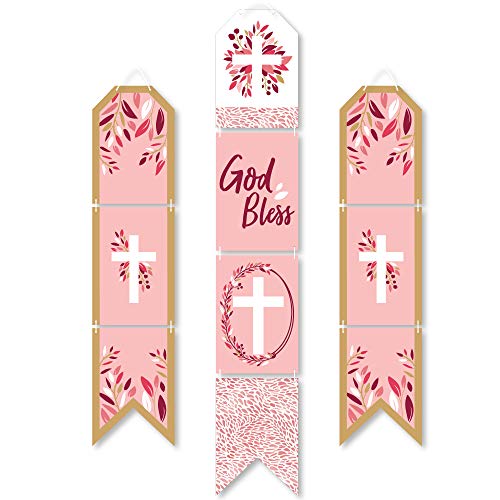 Big Dot of Happiness Pink Elegant Cross - Hanging Vertical Paper Door Banners - Girl Religious Party Wall Decoration Kit - Indoor Door Decor