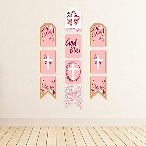 Big Dot of Happiness Pink Elegant Cross - Hanging Vertical Paper Door Banners - Girl Religious Party Wall Decoration Kit - Indoor Door Decor