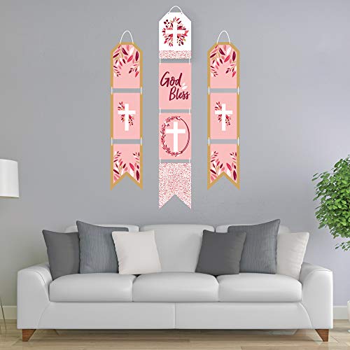 Big Dot of Happiness Pink Elegant Cross - Hanging Vertical Paper Door Banners - Girl Religious Party Wall Decoration Kit - Indoor Door Decor