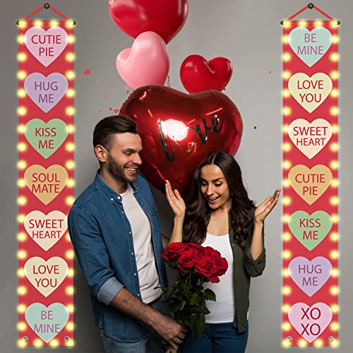 Conversation Hearts Valentines Banners with Warm Led Lights 70.9x12 Inch Valentines Day Door Decor Outdoor Valentines Decorations for The Home Happy Valentines Day Decor Banner (Valentines-1)