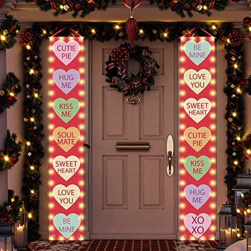 Conversation Hearts Valentines Banners with Warm Led Lights 70.9x12 Inch Valentines Day Door Decor Outdoor Valentines Decorations for The Home Happy Valentines Day Decor Banner (Valentines-1)