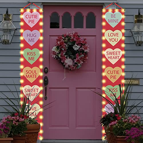 Conversation Hearts Valentines Banners with Warm Led Lights 70.9x12 Inch Valentines Day Door Decor Outdoor Valentines Decorations for The Home Happy Valentines Day Decor Banner (Valentines-1)