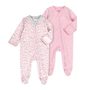 teach leanbh baby boys girls footed pajamas with mittens cotton long sleeve 2 way zipper romper jumpsuit sleep and play 0-12 months (pink stripes/cat, 0-3 months)