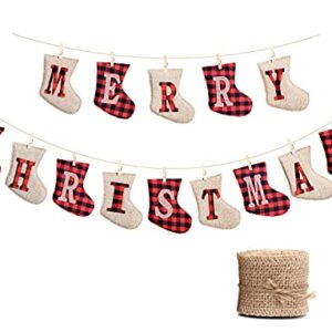 Merry Christmas Banner, Rustic Christmas Tree Ornaments Stocking Decorations, Unique Hand-Sewn Burlap Socks Shaped Christmas Tree Decorations, Stockings for Home Office Party Fireplace Decoration