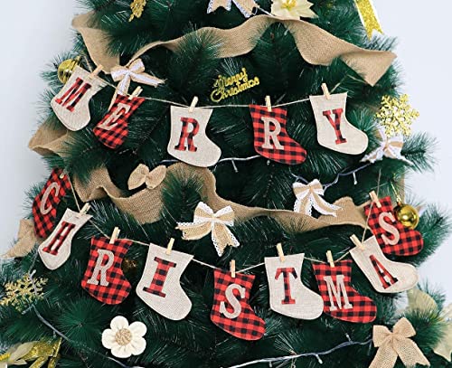 Merry Christmas Banner, Rustic Christmas Tree Ornaments Stocking Decorations, Unique Hand-Sewn Burlap Socks Shaped Christmas Tree Decorations, Stockings for Home Office Party Fireplace Decoration