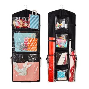 unjumbly 49.5 inch hanging vertical gift wrap organizer, double sided design, 10 storage pockets for your gift wrapping paper bows, gift bags and ribbon (black)