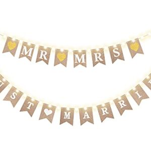 Mr and Mrs Just Married Burlap Banner, Wedding Bunting Banner with LED Fairy String Light 8 Flicker Mode, Hanging Sign Garland Pennant Photo Booth Props for Bridal Shower Wedding Engagement Party