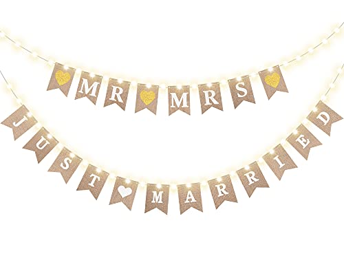 Mr and Mrs Just Married Burlap Banner, Wedding Bunting Banner with LED Fairy String Light 8 Flicker Mode, Hanging Sign Garland Pennant Photo Booth Props for Bridal Shower Wedding Engagement Party