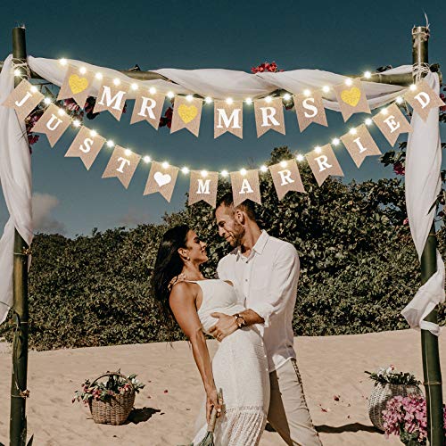 Mr and Mrs Just Married Burlap Banner, Wedding Bunting Banner with LED Fairy String Light 8 Flicker Mode, Hanging Sign Garland Pennant Photo Booth Props for Bridal Shower Wedding Engagement Party