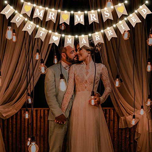 Mr and Mrs Just Married Burlap Banner, Wedding Bunting Banner with LED Fairy String Light 8 Flicker Mode, Hanging Sign Garland Pennant Photo Booth Props for Bridal Shower Wedding Engagement Party