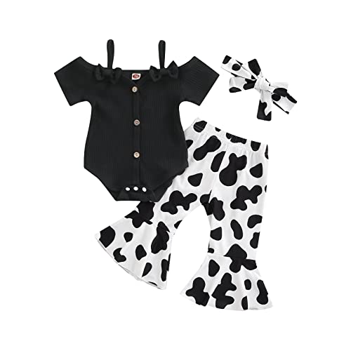 Xiaodriceee Newborn Baby Girl Summer Clothes Short Sleeve Ribbed Strao Romper Cow Bell Bottom Pants Headband 3Pcs Outfit (12-18 Months,Black)