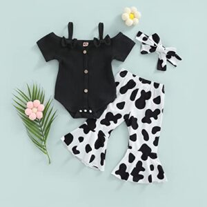 Xiaodriceee Newborn Baby Girl Summer Clothes Short Sleeve Ribbed Strao Romper Cow Bell Bottom Pants Headband 3Pcs Outfit (12-18 Months,Black)