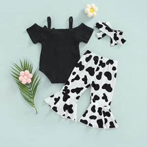 Xiaodriceee Newborn Baby Girl Summer Clothes Short Sleeve Ribbed Strao Romper Cow Bell Bottom Pants Headband 3Pcs Outfit (12-18 Months,Black)