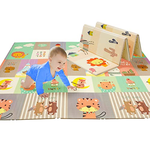 Baby Play Mat, 79 x 71 x 0.4 Inch Folding Baby Crawling Mat, Waterproof Reversible Playmat for Infants, Toddler, Kids, Indoor Outdoor Use (Elephant & Lion)