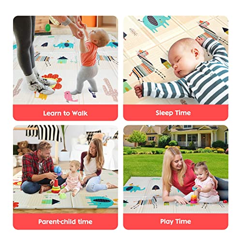 Baby Play Mat, 79 x 71 x 0.4 Inch Folding Baby Crawling Mat, Waterproof Reversible Playmat for Infants, Toddler, Kids, Indoor Outdoor Use (Elephant & Lion)