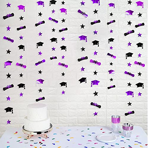 Purple Black Graduation Decorations 2023 Graduation Hat Diploma Star Garland Banner Bunting Streamer Backdrop for Graduation Party Supplies Classroom Middle High School Grad Home Decor