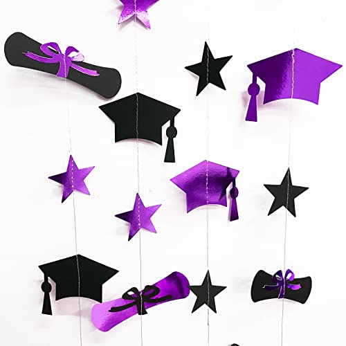 Purple Black Graduation Decorations 2023 Graduation Hat Diploma Star Garland Banner Bunting Streamer Backdrop for Graduation Party Supplies Classroom Middle High School Grad Home Decor