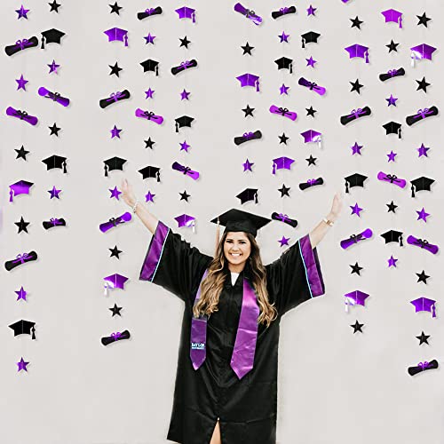 Purple Black Graduation Decorations 2023 Graduation Hat Diploma Star Garland Banner Bunting Streamer Backdrop for Graduation Party Supplies Classroom Middle High School Grad Home Decor