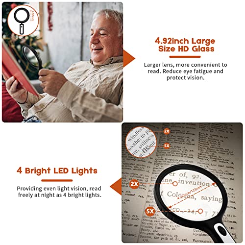 Magnifying Glass with Light, 4.92 Inch Large Magnifier, 2X 5X Handheld Illuminated Lighted Magnifier with 4 Bright LED Lights, Storage Bag, Clean Cloth for Seniors Reading, Kids Exploring, Map