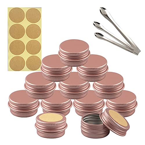 DLIBUY 50 Pcs 5ml Empty Round Matte Pink Aluminum Tin Jars with Screw Lids Cosmetics Lip Balm Containers Pots for DIY Candle, Salve Powder, Crafts, Storage Cans 3x Alu Spoon, 540x Ø 2cm Labels