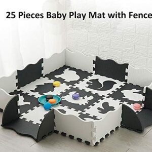 Nicunom 25 Pieces Foam Play Mat with Fence, 0.39 inch Thick EVA Interlocking Foam Floor Tiles with 9 Animal Patterns, Thick Playroom & Nursery Decor Playmat for Infants Toddler Kids