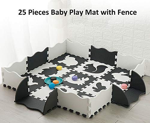 Nicunom 25 Pieces Foam Play Mat with Fence, 0.39 inch Thick EVA Interlocking Foam Floor Tiles with 9 Animal Patterns, Thick Playroom & Nursery Decor Playmat for Infants Toddler Kids