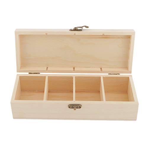 Bonarty 4 Slots Unfinished Wood Box, Square Wood Jewelry Box with Locking Clasp Wood Box Organizer for Crafting Gift Box Artist Tool and Brush Storage Box