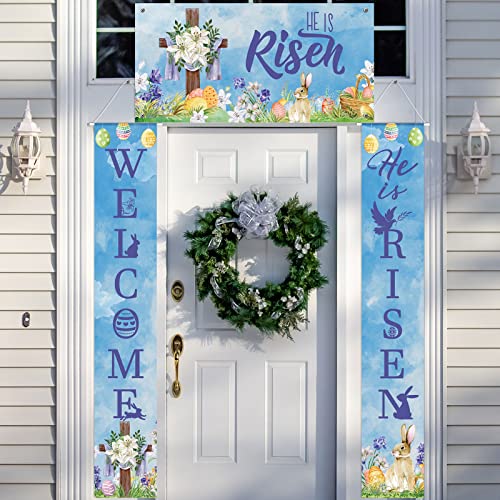 Easter He Is Risen Porch Banner 3 Pieces Welcome Religious Holiday Front Door Sign Christian Cross Resurrection Fence Banner Hanging Outdoor Banner for Home Birthday Garden Wall Party Decoration