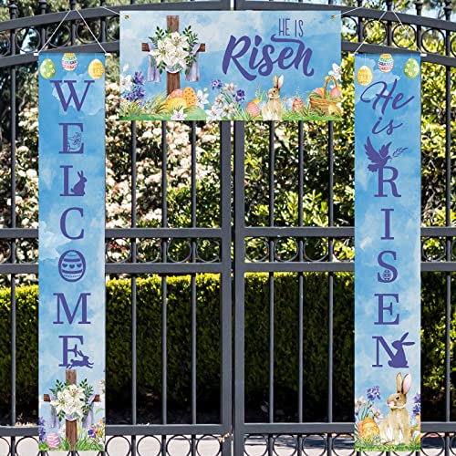 Easter He Is Risen Porch Banner 3 Pieces Welcome Religious Holiday Front Door Sign Christian Cross Resurrection Fence Banner Hanging Outdoor Banner for Home Birthday Garden Wall Party Decoration